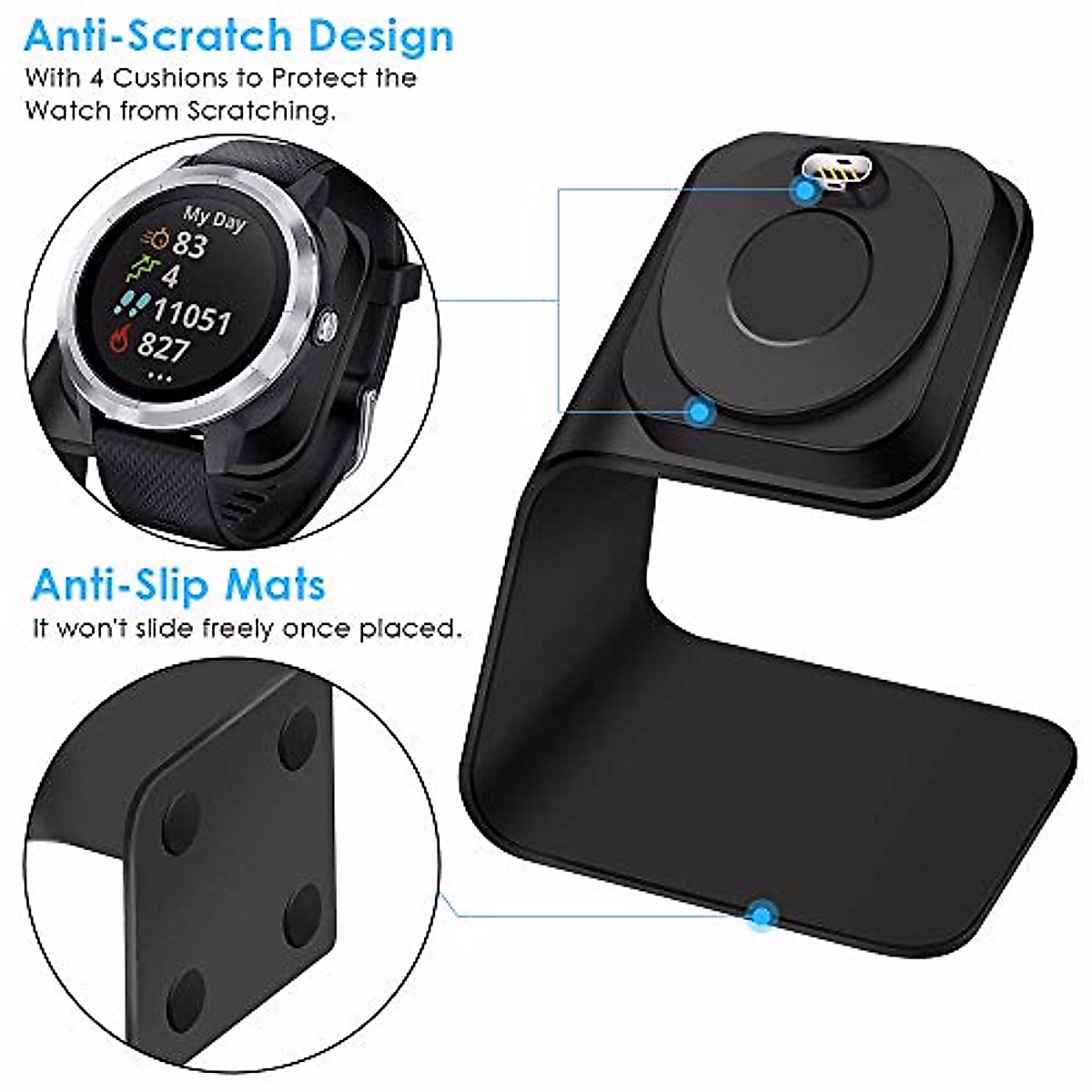 EZCO Charger Dock Compatible with Garmin Vivoactive 4 4S/ 3/3 Music/Venu Sq/Venu/Venu 2/2S, Premium Aluminm Charging Cable Stand Base Station USB Date Syn for Fenix 7 7S 7X 6 5 Smartwatch, Black