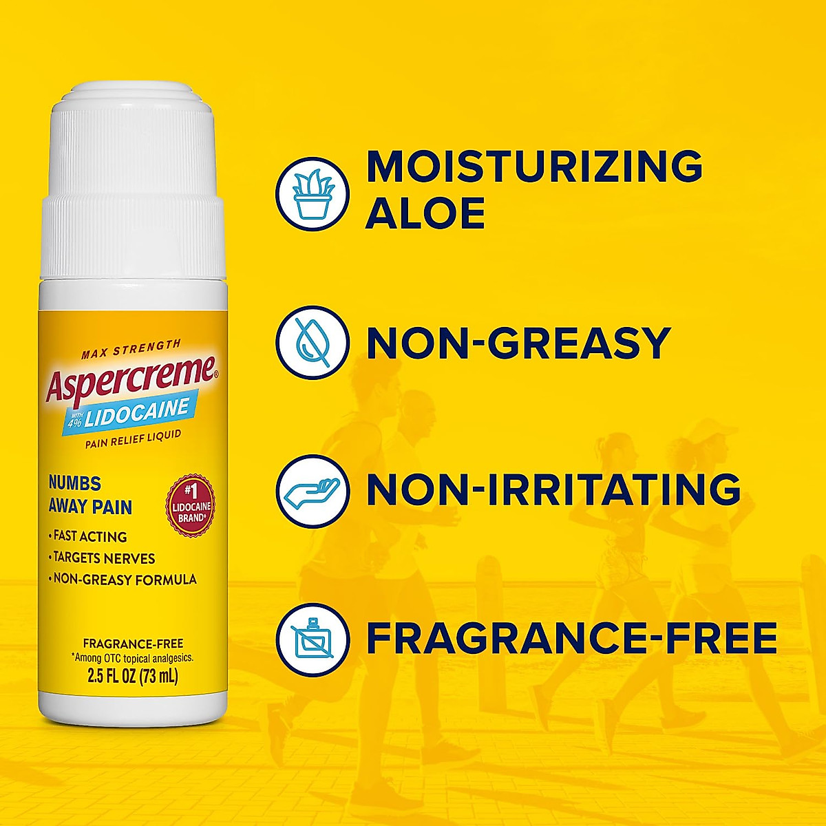 Aspercreme Odor Free Max Strength Lidocaine Pain Relief Liquid with Roll-On No Mess Applicator, 2.5 oz.