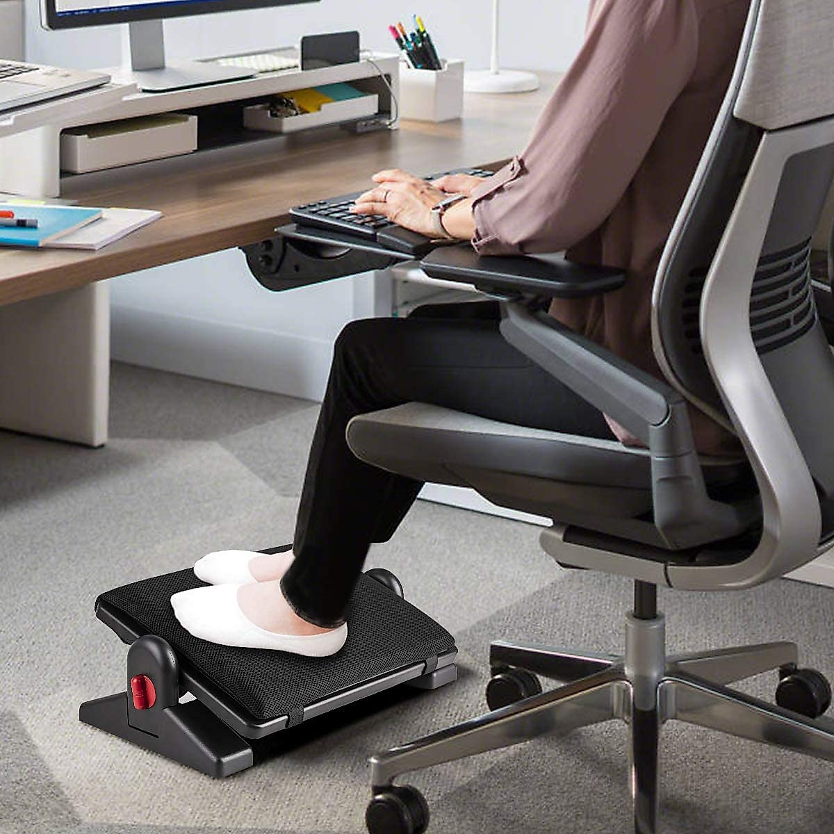 Prodigen Upgrade Adjustable Under Desk Footrest Ergonomic Foot Rest with Removable Sponge Cushion for Home, Office, Four Seasons, Tilt Angle Adjustment Non-Skid Massage Surface Comfort