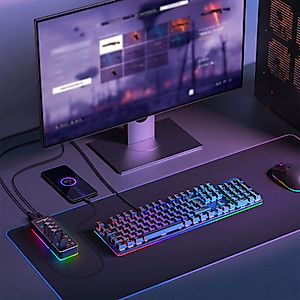 Powered USB Hub, RSHTECH RGB 7 Ports USB 3.0/USB C Hub with 14 Mode RGB LED Strip, Individual Touch Switches, 3.3ft Cable and 5V/4A Power Adapter, Aluminum Gaming USB Hub for PC and Laptop, RSH-518R