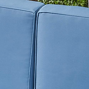 Great Deal Furniture Dawson Outdoor V-Shaped Sectional Sofa Set - 5-Seater - Acacia Wood - Outdoor Cushions - Teak and Blue