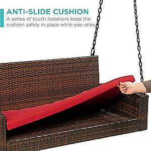 Best Choice Products Woven Wicker Outdoor Porch Swing, Hanging Patio Bench for Deck, Garden w/Mounting Chains, Seat Cushion - Brown/Red