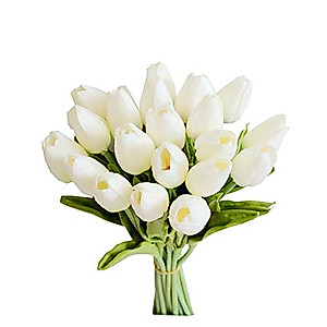 Mandy's 20pcs White Flowers Artificial Tulip Silk Flowers 13.5" for Easter Day Home Kitchen Wedding Decorations