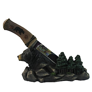 'Blade of the Bear' Rustic Black Bear Decorated Fixed Knife and Holder Set - Intricate Metal Detailing - Majestic Rustic Cabin Decor - 9.75 Inches Long