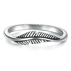 925 Sterling Silver Ring, BORUO Feather Ring Size 9