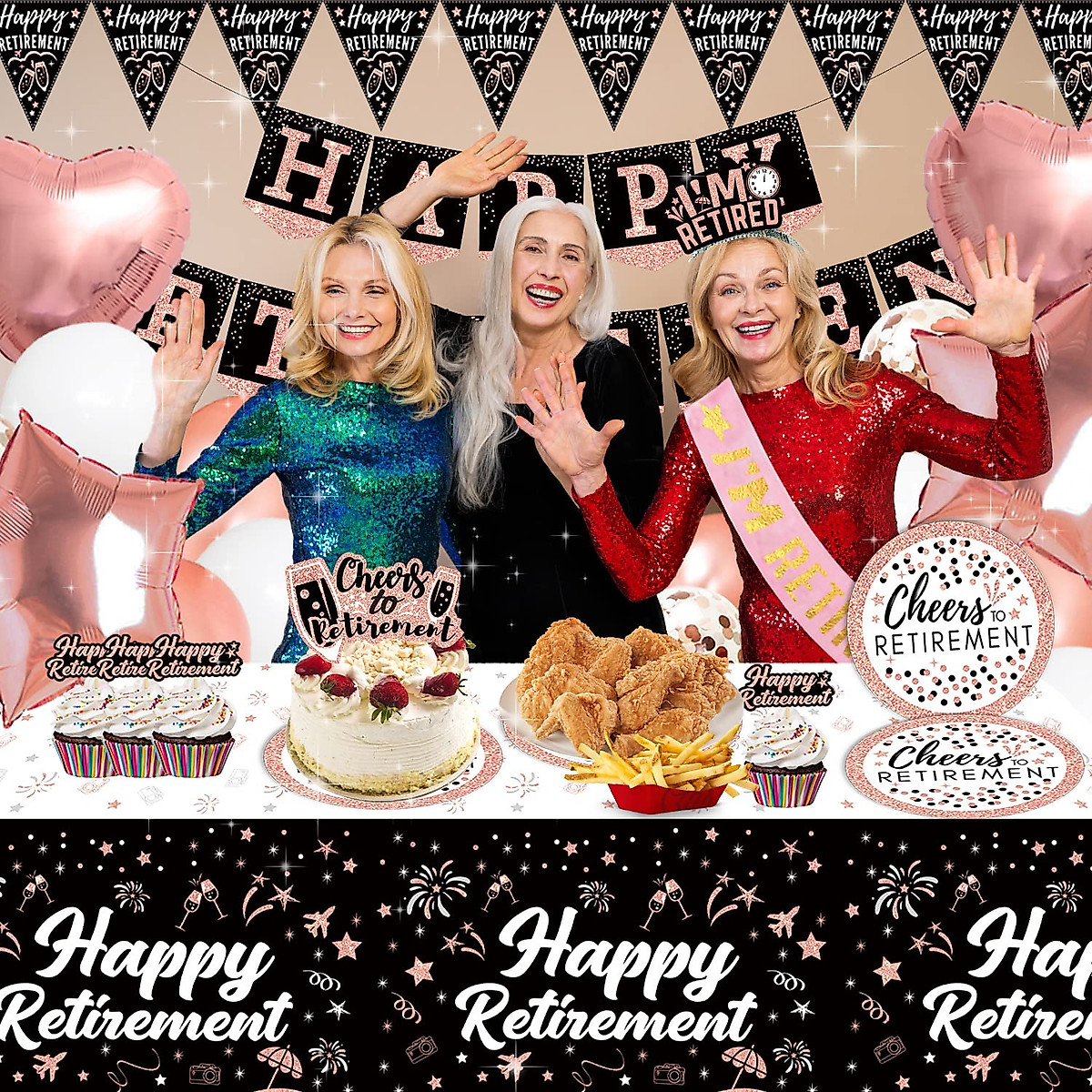 Happy Retirement Party Decorations women - (80pack) rose gold party Banner, Pennant,Hanging Swirl,birthday balloons,Foil Backdrops,Tablecloths,cupcake Topper,Crown, plates,Photo Props,retired Sash