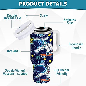 RPLIFE Cartoon Astronaut Skateboarding Blue 40 Oz Tumbler with Handle and Straw, Stainless Steel Tumbler with Straw, Coffee Tumbler for Women