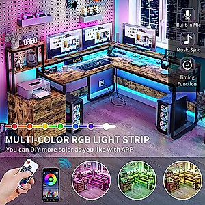 YITAHOME L Shaped Desk with Power Outlets & LED Lights, Reversible Computer Desk with Drawers & Hutch, Corner Desk Office Desk with Monitor Stand, Printer Stand, 2 Person Desk, Rustic Brown