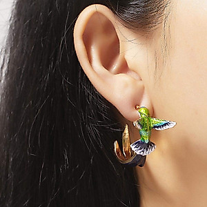 Cute Hummingbird Earrings Flying Hummingbird Oil Painting Dangle Earrings Enamel Hummingbird Stud Earrings Colorful Metal Animal Elegant Hummingbird Bird Studs Earring Jewelry - Green