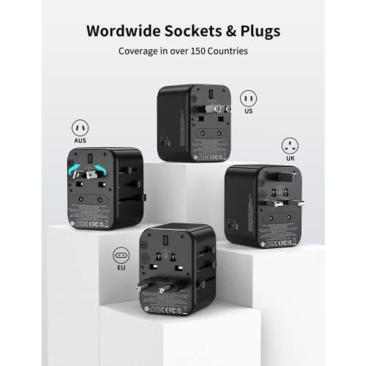 MOMAX International Plug Adapter, PD 35W(Single Port) Travel Power Adapter, Universal Charger Adapter with 3USB-C+2USB-A, All in One Universal Outlet Adapter for Laptop,Tablet,Phone, US,EU,UK,AU