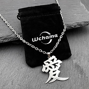 Love Kanji Necklace Japanese for Men Women 愛 Stainless Steel Chinese Character Pendant Good Luck Chain Gaara Necklaces (Love kanji 1)