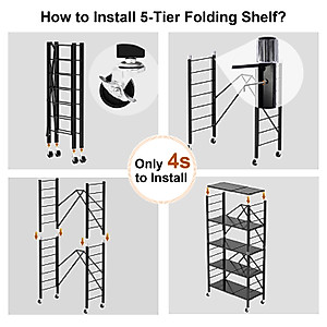 5 Tier Foldable Storage Shelves, Expandable Folding Shelving Units with Wheels, Changeable into 2 Shelf Units, Collapsible Adjustable Storage Rack Metal Shelves for Storage, Pantry, Garage, Kitchen