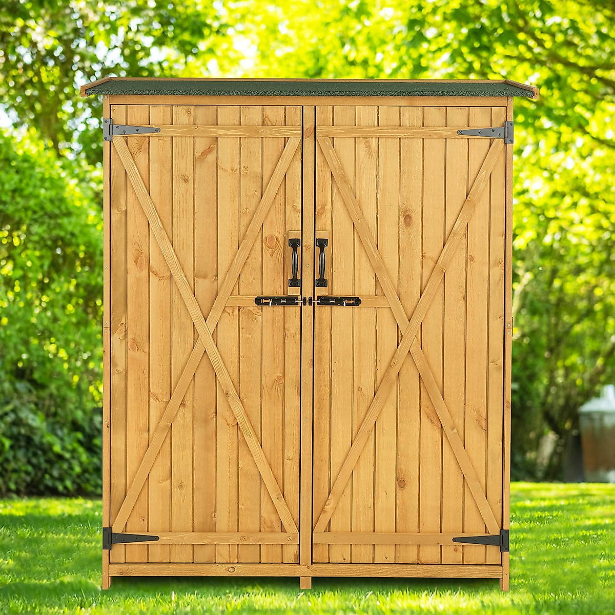 Pinikuyiro Outdoor Storage Cabinet, Wood Garden Shed, Outside Tool Shed, Vertical Organizer Cabinet with Double Lockable Doors for Outside, Garden and Yard