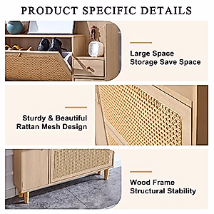 YardGo Freestanding Shoe Cabinet with 3 Flip Drawers and Door, Modern Rattan Shoe Storage Organizer, Small Household Furniture for Entryway, Hallway, Living Room