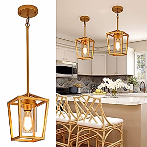 SGLfarmty 1-Light Gold Pendant Light, Farmhouse Cage Pendant Lighting Fixture for Kitchen Island, Lantern Pendant Lights Brass Finish with Glass, Modern Geometric Hanging Light for Foyer, Entryway