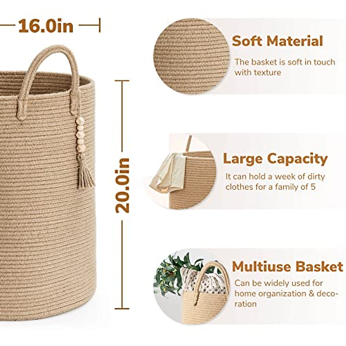 Goodpick Tall Wicker Laundry Basket with Handles, Boho Decorative Storage Basket for Living Room, Bedroom, Entryway, Bathroom, Large Woven Blanket Basket for Pillows, Towels, Shoes, Jute, 16" x 20"