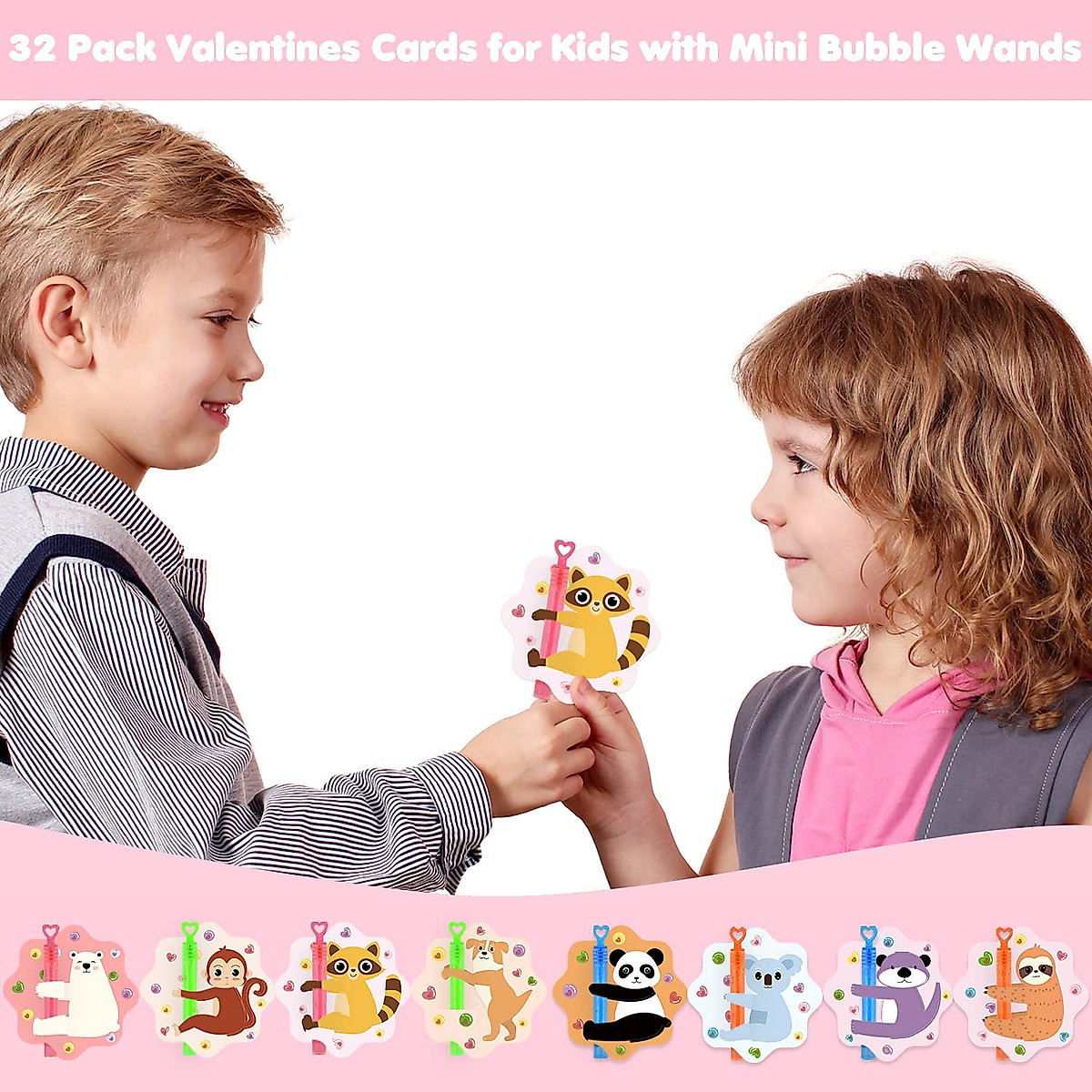 SURCVIO Valentines Day Gifts for Kids, 32 Pack Mini Bubble Wands with Valentines Animal Themes Greeting Cards for Kids, Valentine's Day School Prize Party Favor, Classroom Exchange Gift Set