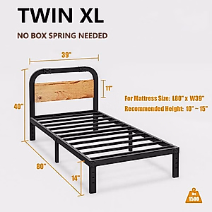 Aardhen Twin-XL Size Bed Frame 14 Inch Rustic Wood Headboard, Heavy Duty Steel Slats Support, Easy Assembly, No Box Spring Needed, Quiet and Sturdy