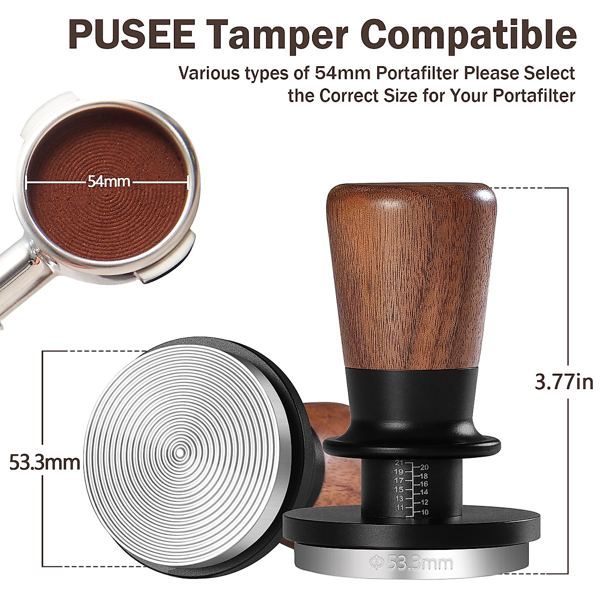PUSEE 53.3mm Espresso Tamper, Calibrated Tamper with 30lbs Double Spring Loaded Tamper Walnut Wood Coffee Tamper for Barista Home,Stainless Steel Base Tamper Espresso Tool Fits 54mm Portafilters