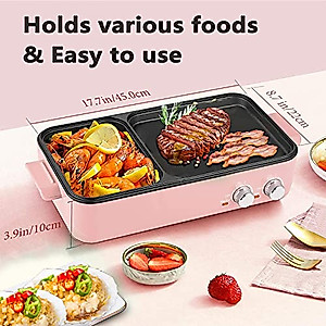 Indoor NonStick Electric Griddle and Hot Pot - 2-in-1 Hot Pot - Independent Dual Temperature Control(Pink)