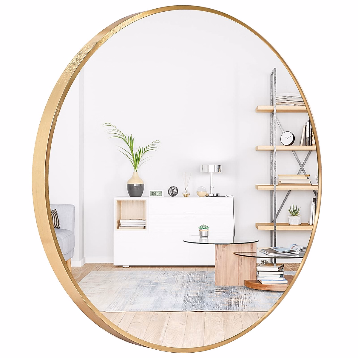 Amgngala Gold Round Mirror 24 Inch, Circle Mirrors with Hooks and Metal Framed, Round Wall Mirror for Bathroom, Bedroom, Entryway, Living Room, Vanity Room and Modern Decor