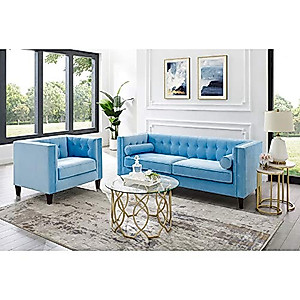 Inspired Home Sky Blue Velvet Sofa - Design: Lotte | Tufted | Square Arms | Tapered Legs | Contemporary