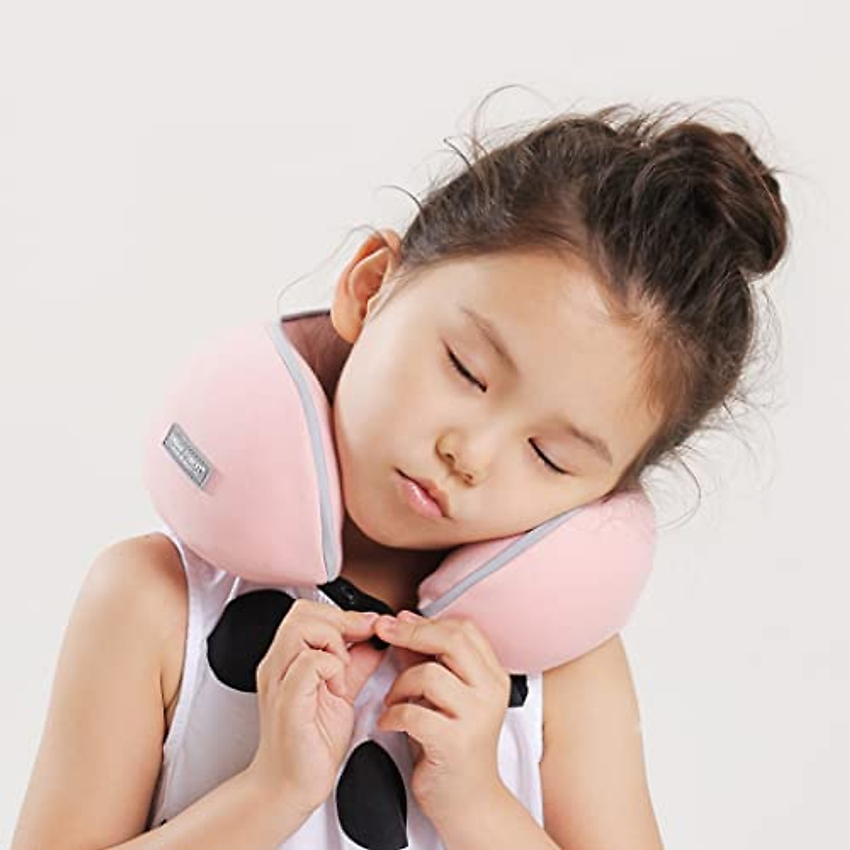 URBAN FOREST Kids Neck Pillow,Memory Foam,Ergonomic&Washable Travel Pillow,Safety Button,School Nap Pillow Gifts Portable for Toddler/Child,Can Be Rolled Up(Drawstring Bag) (Pink)