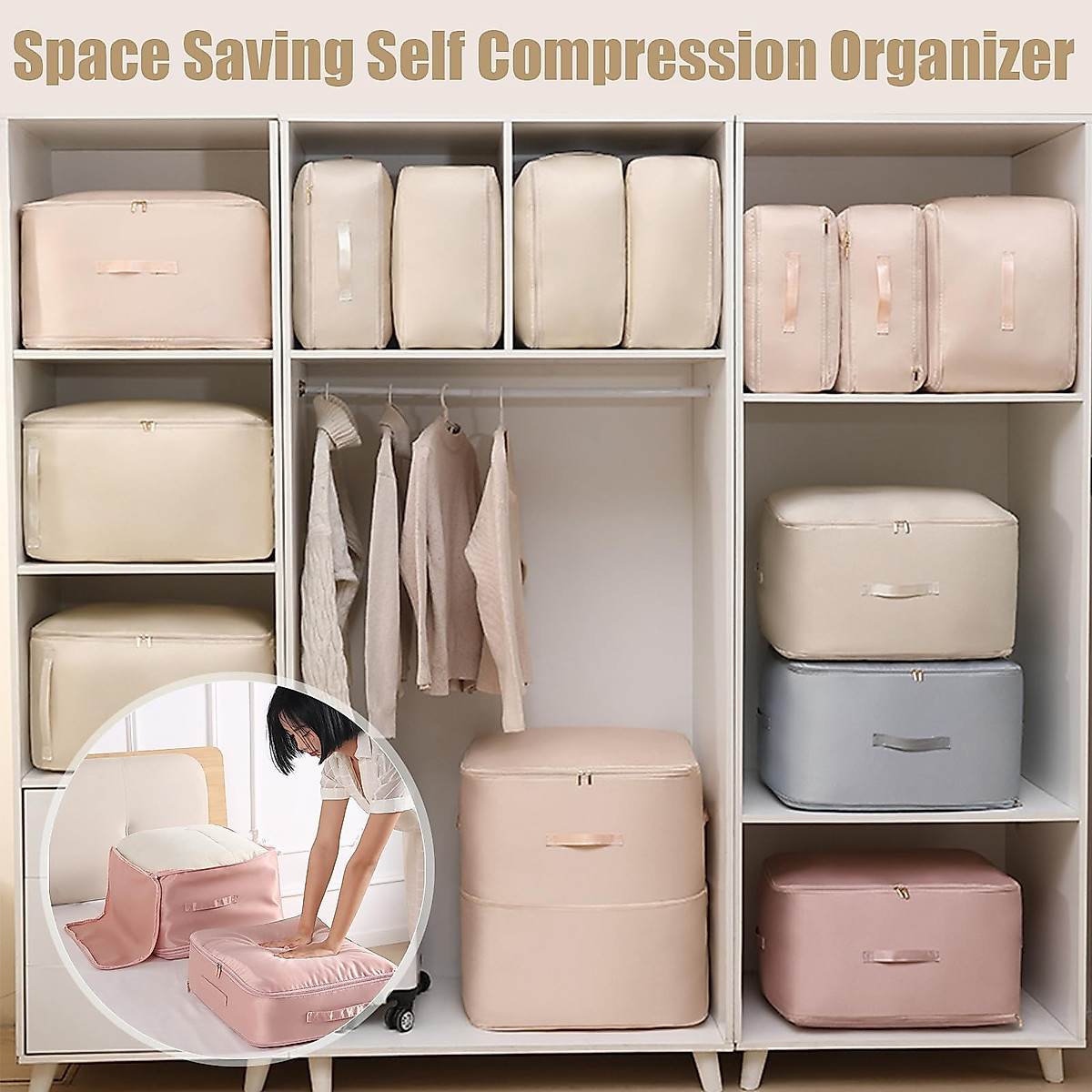 Space Saving Self Compression Organizer, 2024 New Ultra Space Saving Self Compression Organizer, Heavy Duty Moving Bags, Storage Tote for Space Saving (Gray, X-Large)