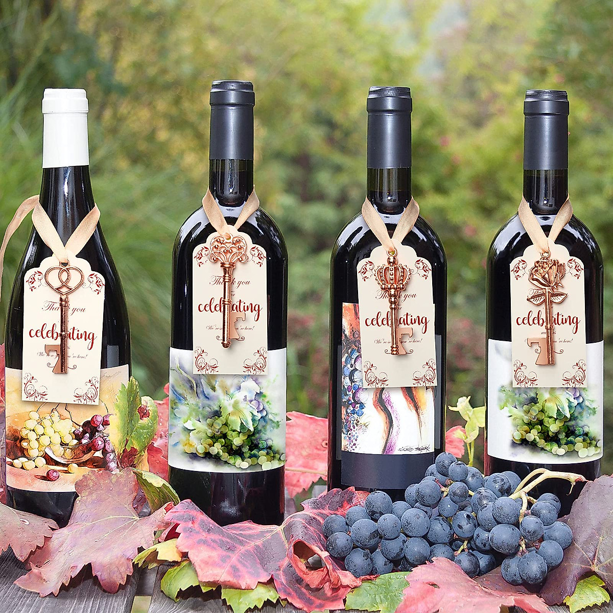 60 Pieces Key Bottle Opener with 60 Pieces Tag Rose Gold Skeleton Key Bottle Opener 4 Styles Include Crown, Heart, Sun Flower and Rose with 6 Rolls Ribbons for Wedding Bridal Shower Party Favor Gifts