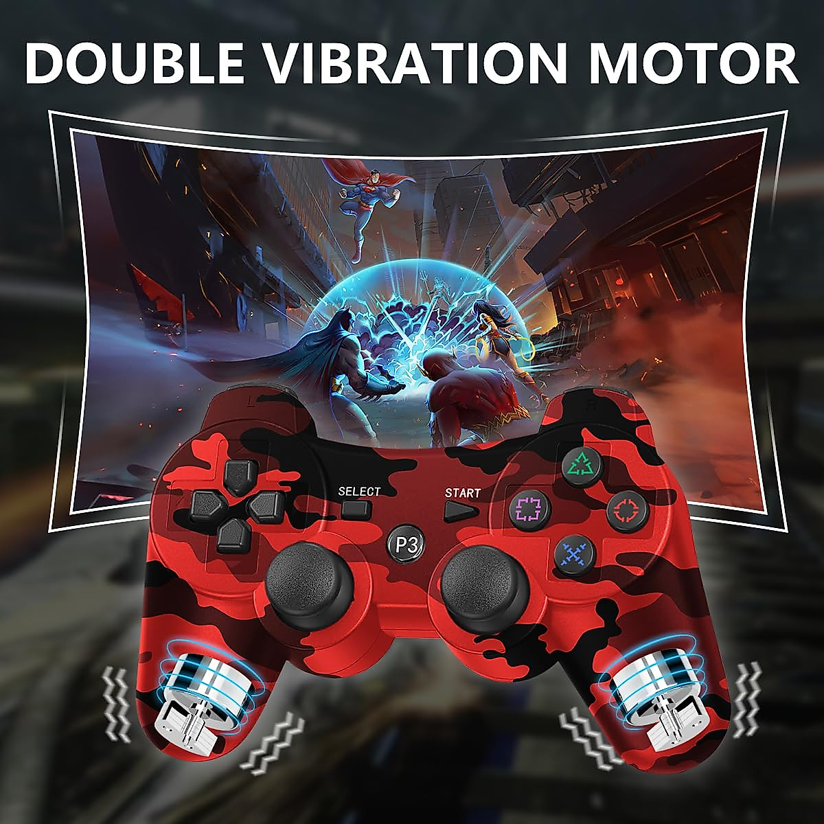 BUERTT PS3 Controller Wireless 2 Pack,Upgraded Remote Controller for PS3,6-Axis Motion,Double Vibration,USB Charging Cable (Camo Red and Camo Green)