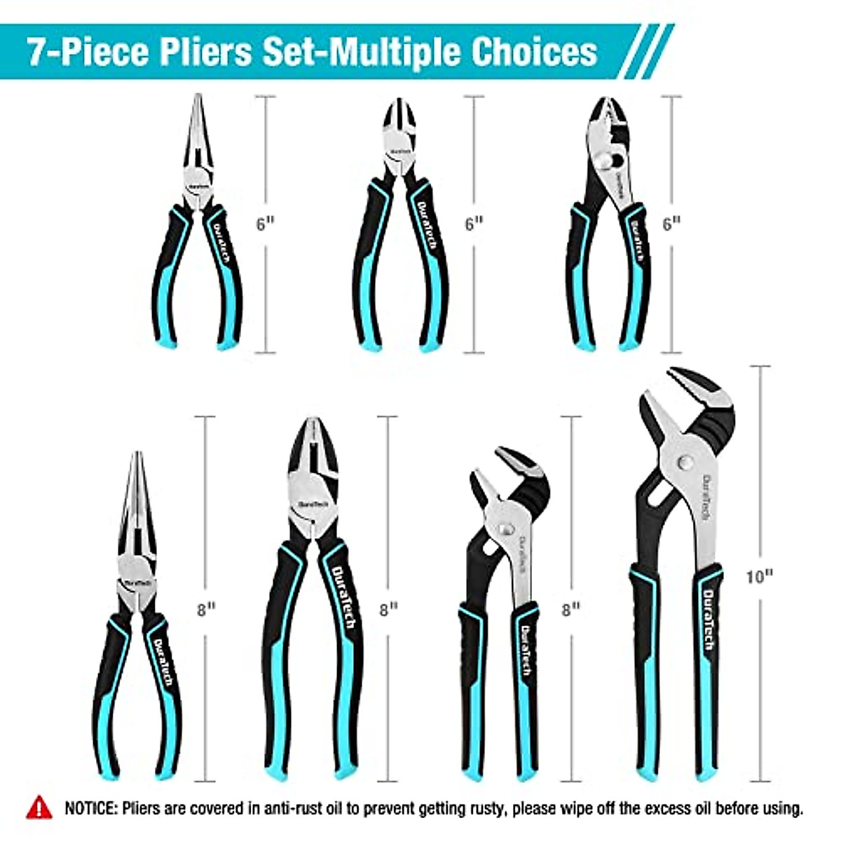 DURATECH 7-Piece Pliers Set, Premium Cr-Ni Construction (10", 8" Groove Joint Pliers, 8", 6" Long Needle Nose, 8" Linesman, 6" Slip Joint, 6" Diagonal) for Basic Repair, with Oxford Rolling Pouch