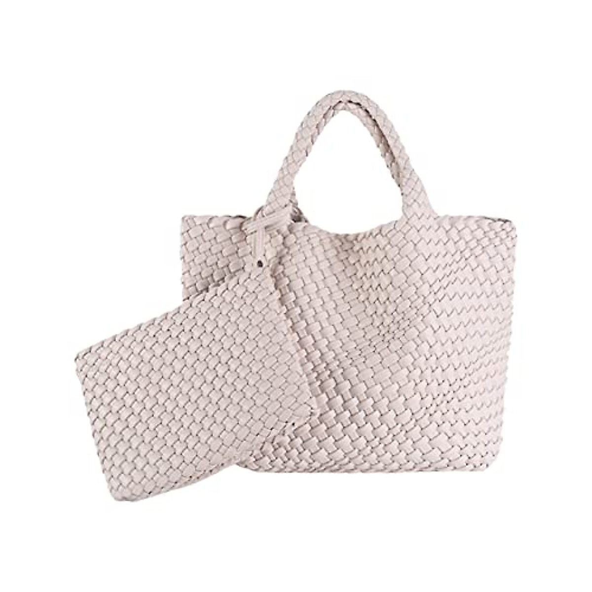Large Woven Tote Handbags Women Designer Vegan Leather Shoulder Top-Handle Travel Tote Bag Lady Underarm Shopper Bags + Purse Beige