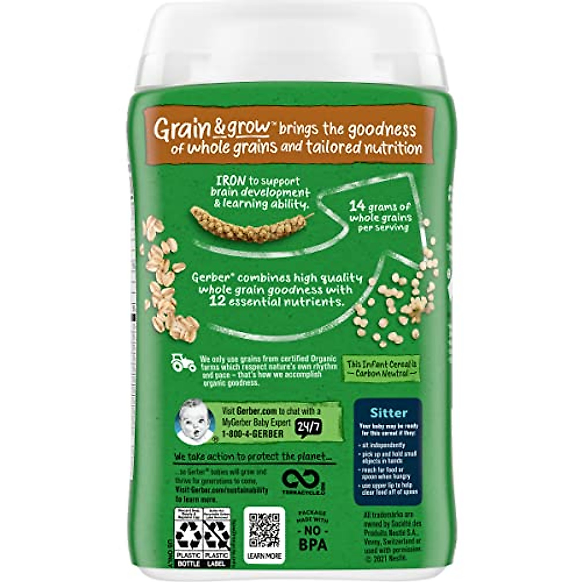 Gerber Organic for Baby Grain & Grow 2nd Foods Cereal, Oatmeal Millet Quinoa Cereal, USDA Organic & Non-GMO Baby Cereal, 8 - Ounce Canister (Pack of 3)