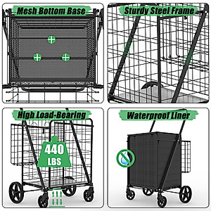 Jumbo Shopping Cart for Groceries, 30.7 Gallons Folding Grocery Cart with Waterproof Bag, 360° Swivel Wheels & Double Basket, Portable Heavy Duty Utility Cart for Shopping/Laundry-Hold Up to 440 LBS