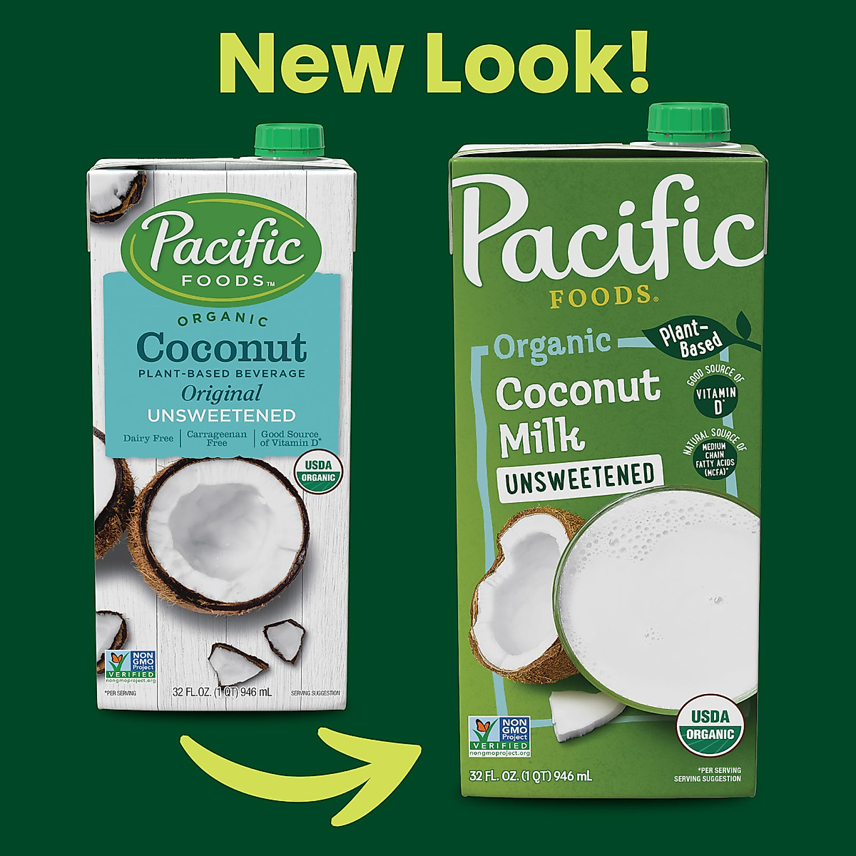 Pacific Foods Organic Unsweetened Coconut Milk, Plant Based Milk, 32 oz Carton