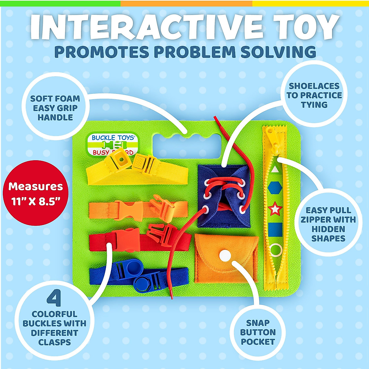 Buckle Toys Busy Board - Montessori Learning Toy for Toddlers Road Trip Essentials - Foam Sensory Board - Develop Fine Motor Skills - Green