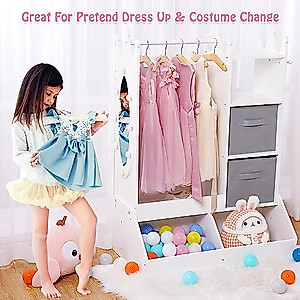 Bophy Girls' Dress up Storage with Light & Mirror, Kids Clothing Rack with Storage Bin, Girl's Open Hanging Armoire Closet, White