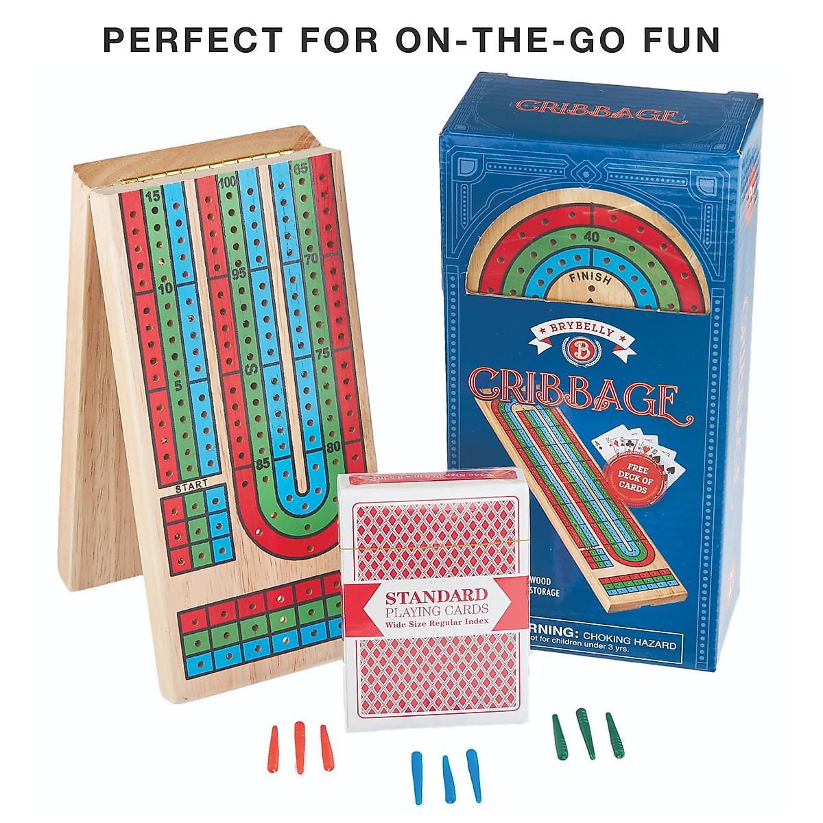 Brybelly Cribbage Board Game Set - Traditional Wooden Board Game, Classic 3-Track Layout, Plastic Pegs - Standard Deck of Playing Cards Included - Folding Portable Storage