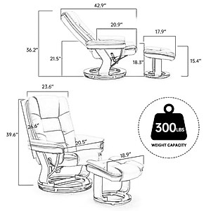 JC Home Contemporary Black Leather Recliner and Ottoman with Swiveling Mahogany Wood Base