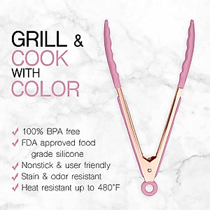 COOK WITH COLOR Stainless Steel Silicone Tipped Kitchen & BBQ Tongs Set, 2 Pc Tongs, Pink