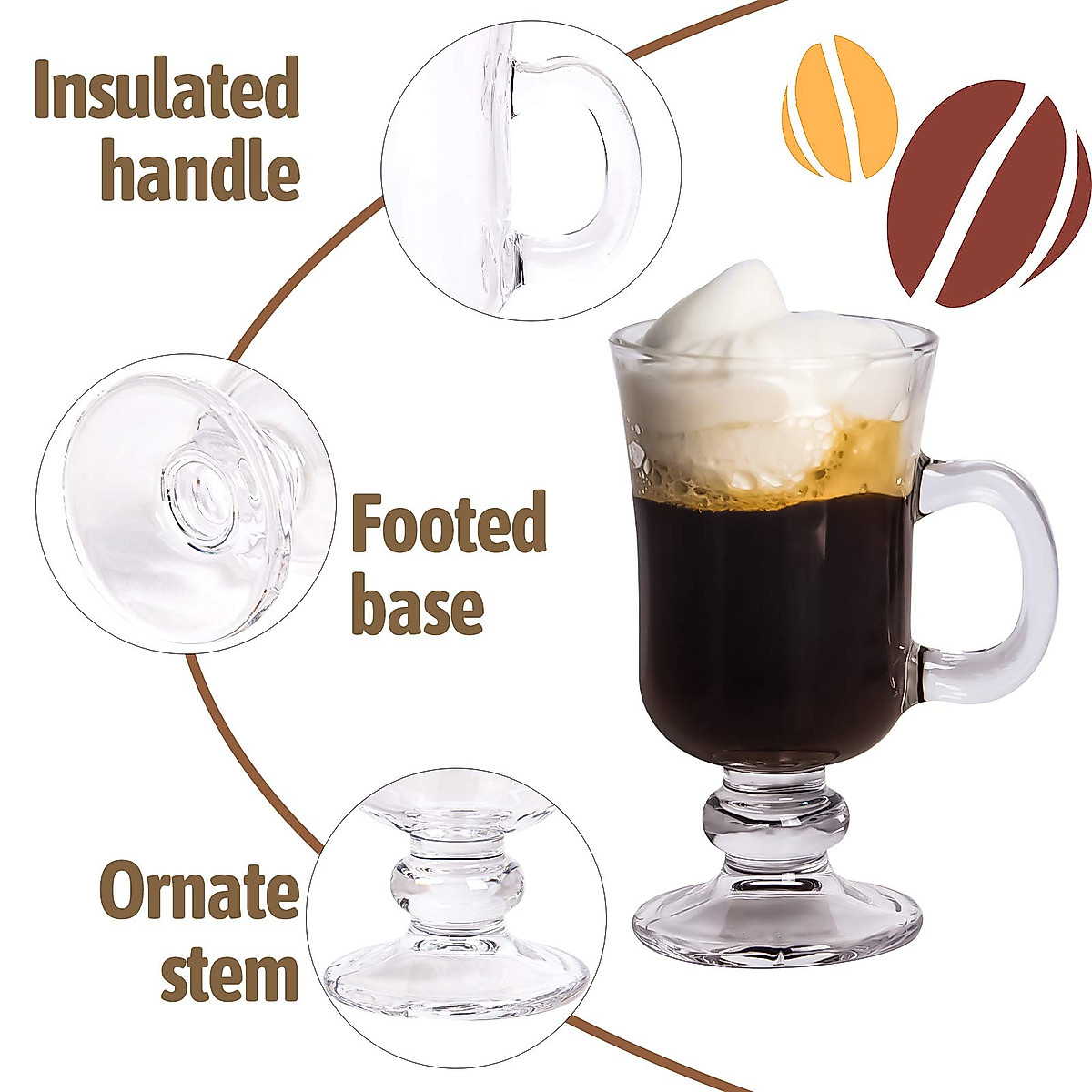 UMEIED 8oz Coffee Mugs, Glass Irish Coffee Cup, Set of 6