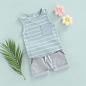 Baby Boy Summer Clothes Striped Tank Tops Sleeveless T-Shirt and Solid Shorts Outfit Cute Infant Clothing (Blue , 12-18 Months )