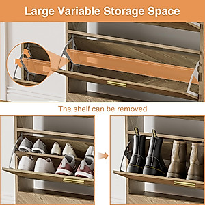 Anmytek Shoe Storage Cabinet with 2 Flip Drawers & 1 Drawer, Natural Oak Slim Shoe Cabinet with Wooden Legs, Freestanding Hidden Narrow Shoes Organizer Cabinet for Entryway, Hallway