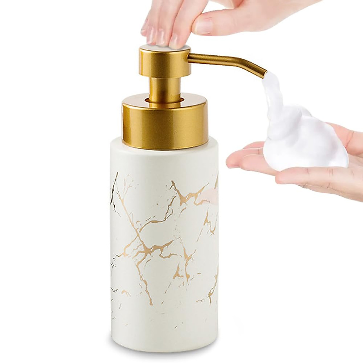 Marble Soap Dispenser, Ceramic Foam Soap Dispenser with Rust Proof Golden Pump (White)