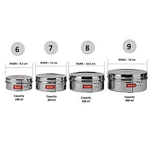 Sumeet Stainless Steel Flat Canisters/Puri Dabba/Storage Containers Set of 4Pcs (No. 6 To No. 9) (200ml, 350ml, 500ml, 800ml)