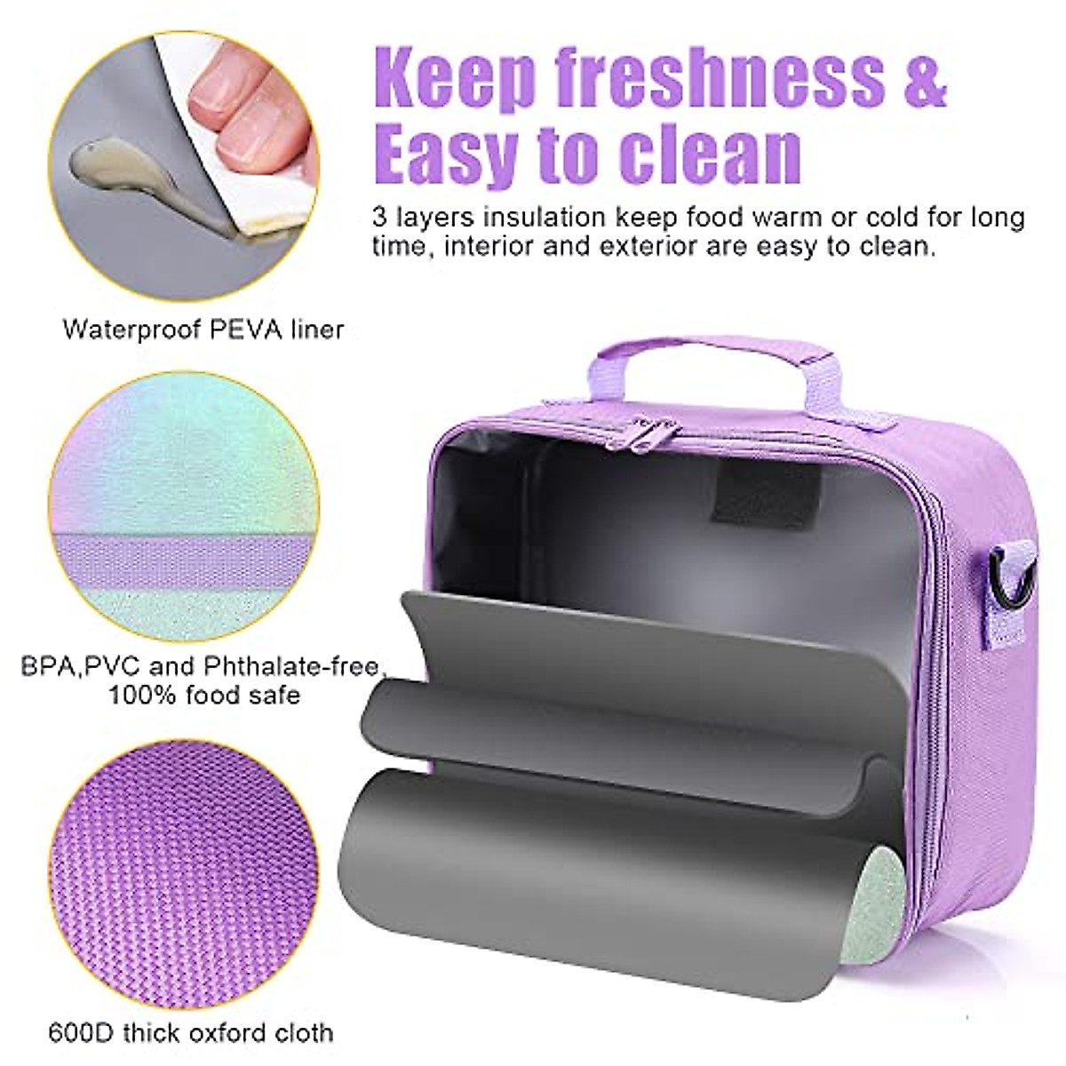 Cerbonny Kids Lunch Box Insulated Kids Lunch Bag for School with Adjustable Shoulder Strap&Bottle Holder,Girls Lunch Box with Durable Zipper Pockets ,Keep Food Cold&Warm for Long Time, Crystal Purple