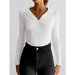 ANRABESS Women's 2024 Fall V Neck Shirts Long Sleeve Ribbed Knit Sweater Lapel Slim Fitted Casual Basic Tee Tops White Small
