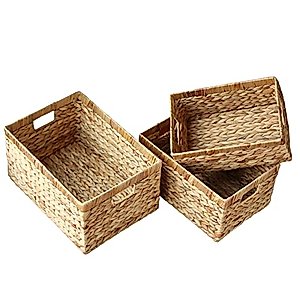 Water Hyacinth Wicker Baskets for Organizing, Rectangular Wicker Baskets with Built-in Handles 3-Pack