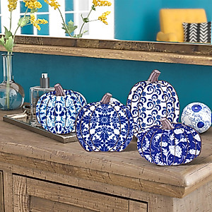 WATINC 4PCS Fall Pumpkin Wood Centerpiece Table Decor, Autumn Thanksgiving Tiered Tray Decorations, Chinoiserie Pumpkin Block Set, Halloween Rustic Harvest Party Wooden Sign for Home (Double Printed)