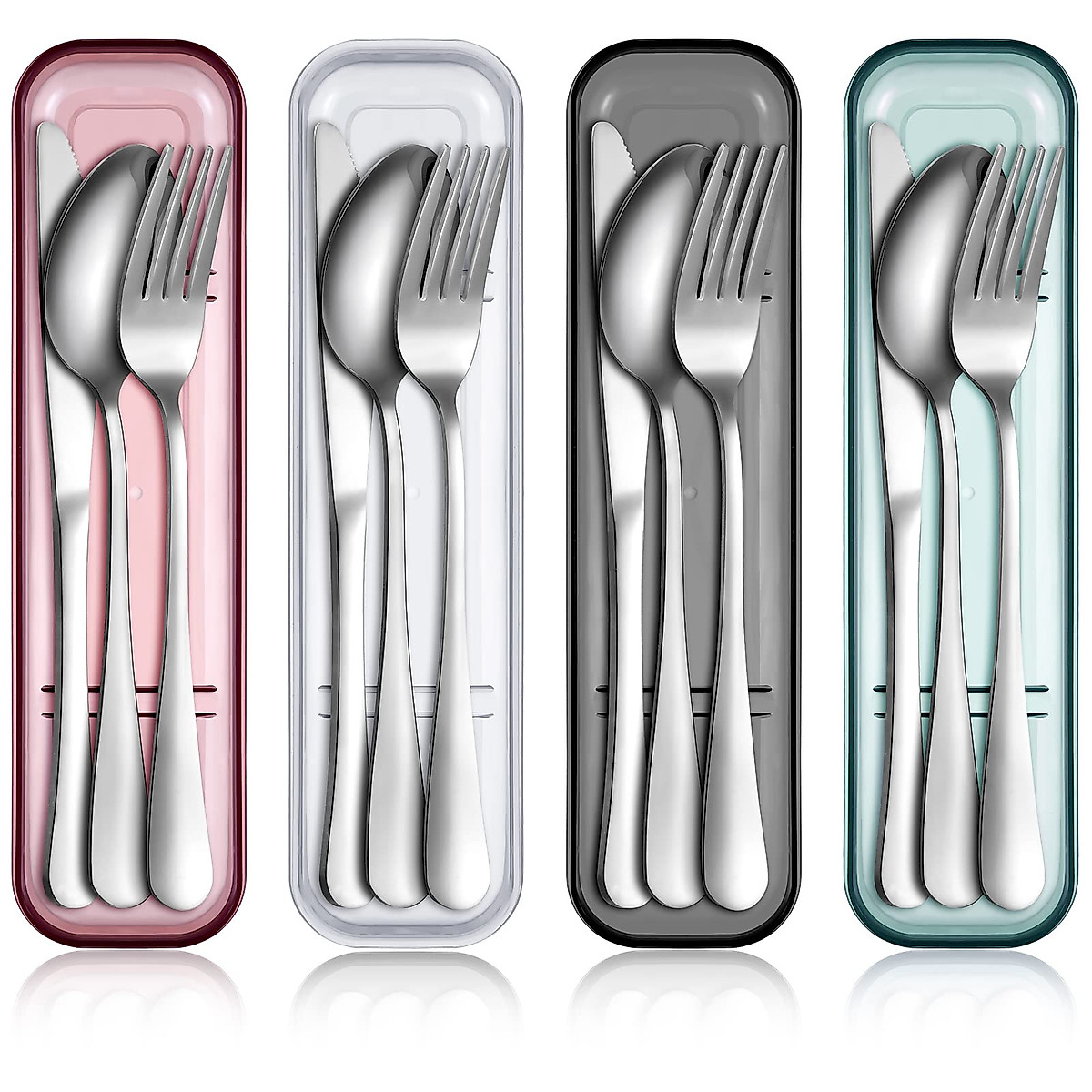 4 Pack Portable Stainless Steel Utensil Set with Case Travel Reusable Silverware Flatware Set 4-piece Camping Cutlery Include Fork Spoon Knife with Case for Office School Picnic Dishwasher Safe